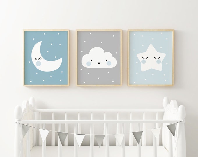 3er Set DIN A3 Druck STERN WOLKE Mond KinderzimmerbilderJungen | Etsy