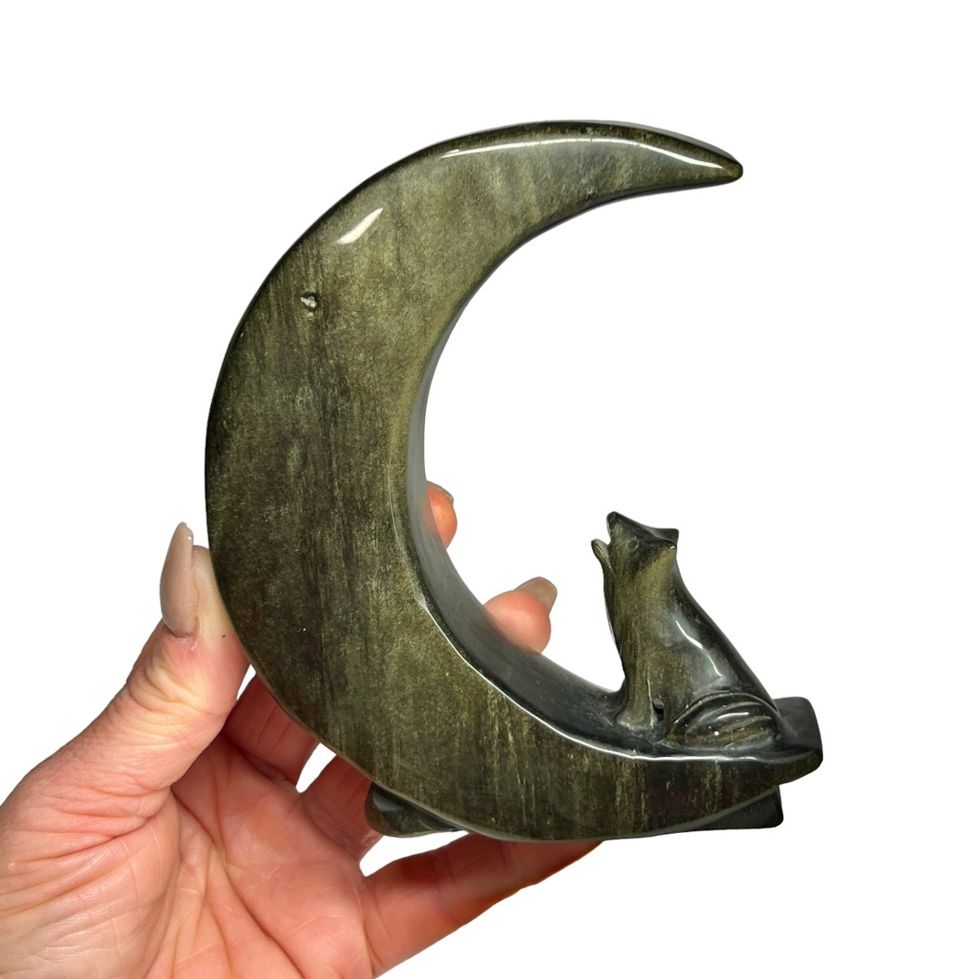 Obsidian Sheen Moon and Wolf, Crystal Wolf Carving, Moon Carving ...