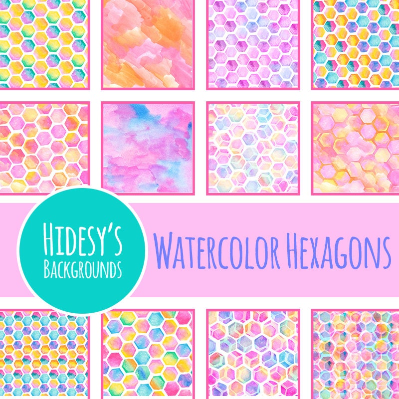 Watercolor Digital Paper // Watercolor Hexagons in Bright Rainbow ...