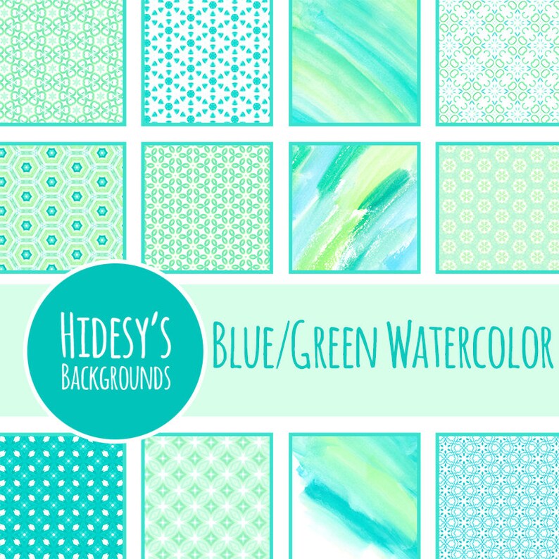 Blue and Green Watercolor Digital Paper / Background / Pattern in Aqua ...