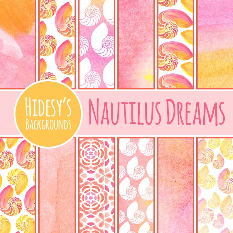 Watercolor Nautilus Sea Shell Digital Paper / Pink and Yellow Ocean ...