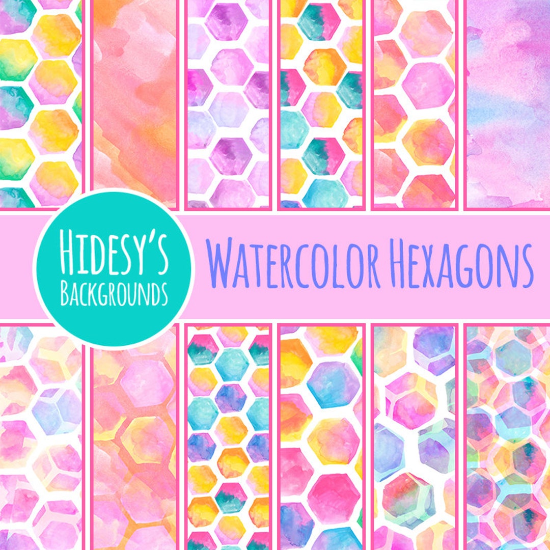 Watercolor Digital Paper // Watercolor Hexagons in Bright Rainbow ...