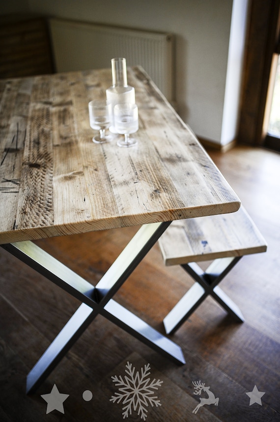 Reclaimed Table Bench Industrial Rustic Vintage Scaffold Board Table Top on X Frame Steel Legs Durable and Sturdy Etsy