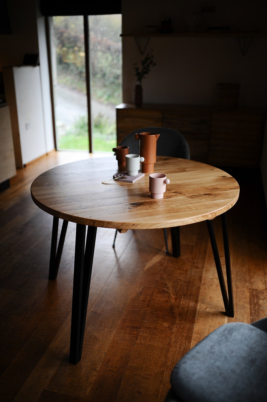 Round Dining Table, Sustainable Solid Oak on Steel Legs, Choice of Sizes and Colours ...
