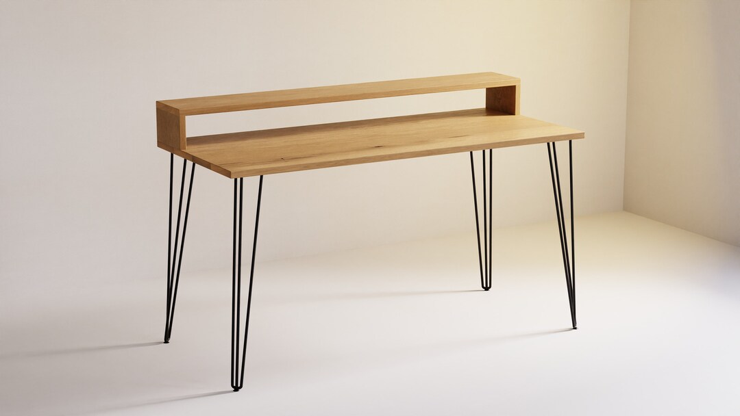 Solid Oak Desk With Monitor Stand on Hairpin Legs, Sustainable, Choice ...