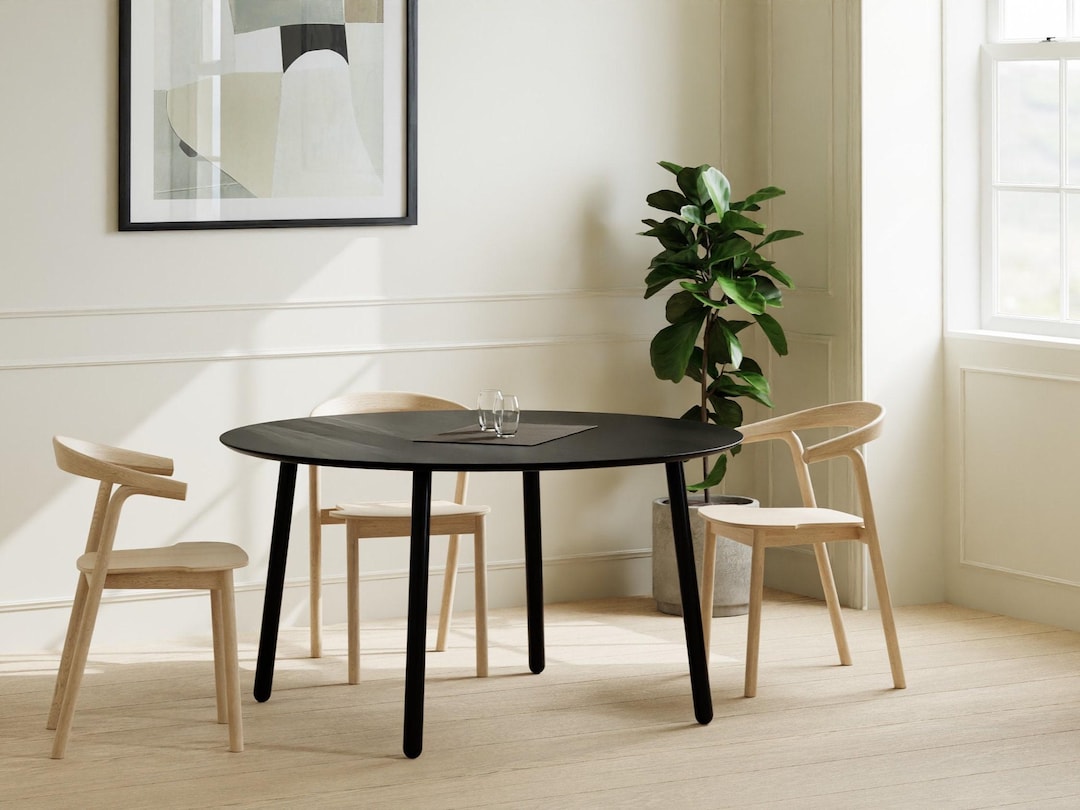 Round Dining Table, Handmade, Black Oak, Steel Legs, Swiss Edge - Etsy