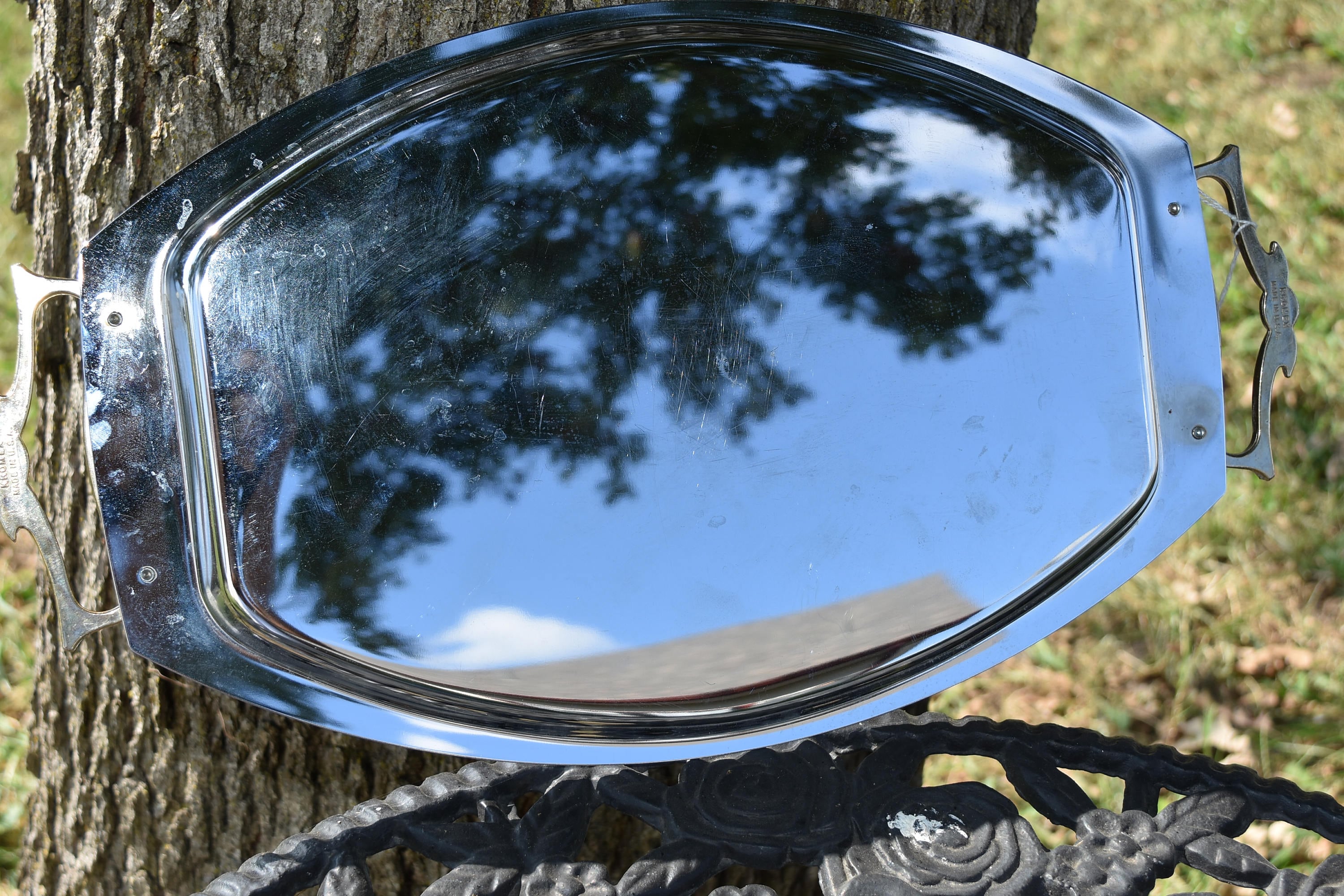 Kromex Silver Serving Tray With Brass Handles | Etsy