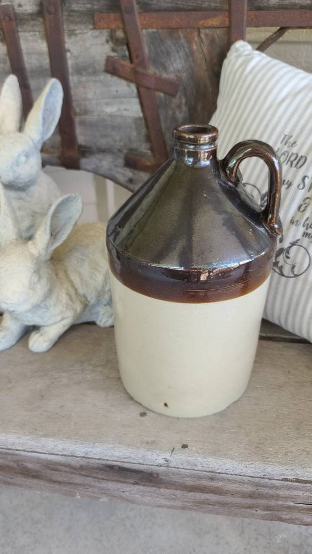 Vintage Stoneware Crockery Brown and Cream Whiskey Jug Farmhouse ...