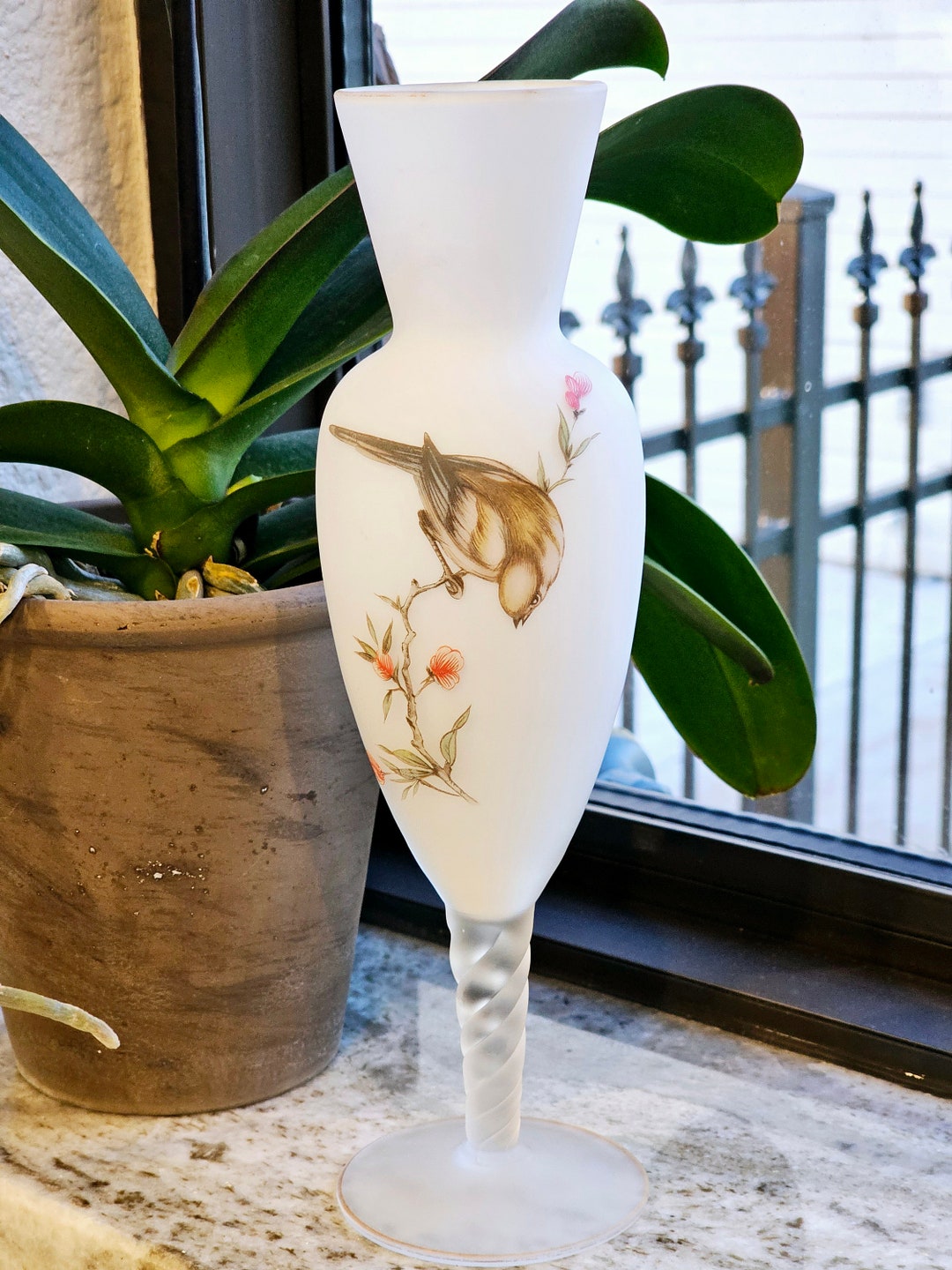 Vintage Norleans Frosted Glass Vase: Hand-painted Goldfinch, Made in ...