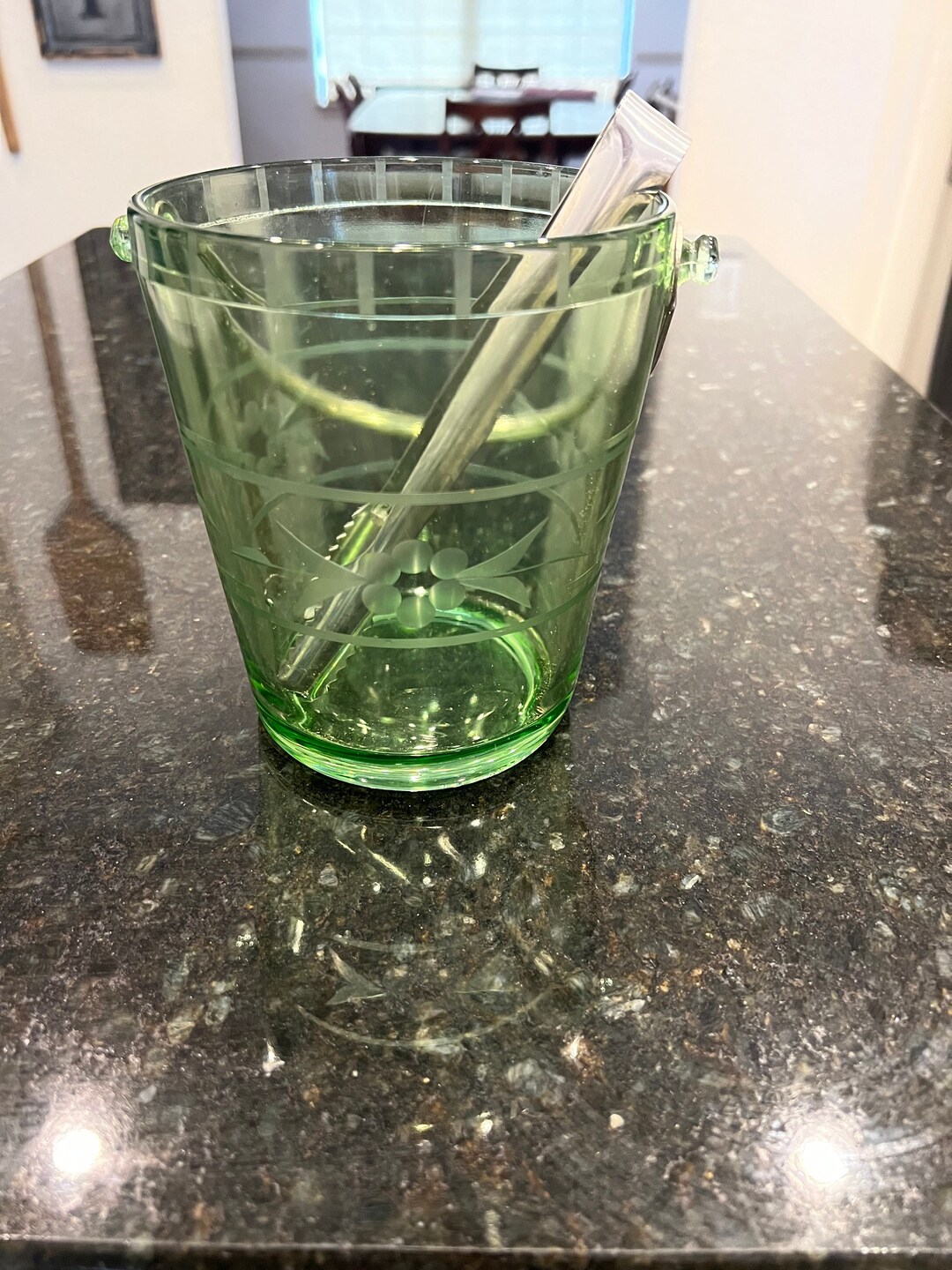 Vintage Small Etched Green Glass Ice Bucket With Tongs Boho Eclectic - Etsy