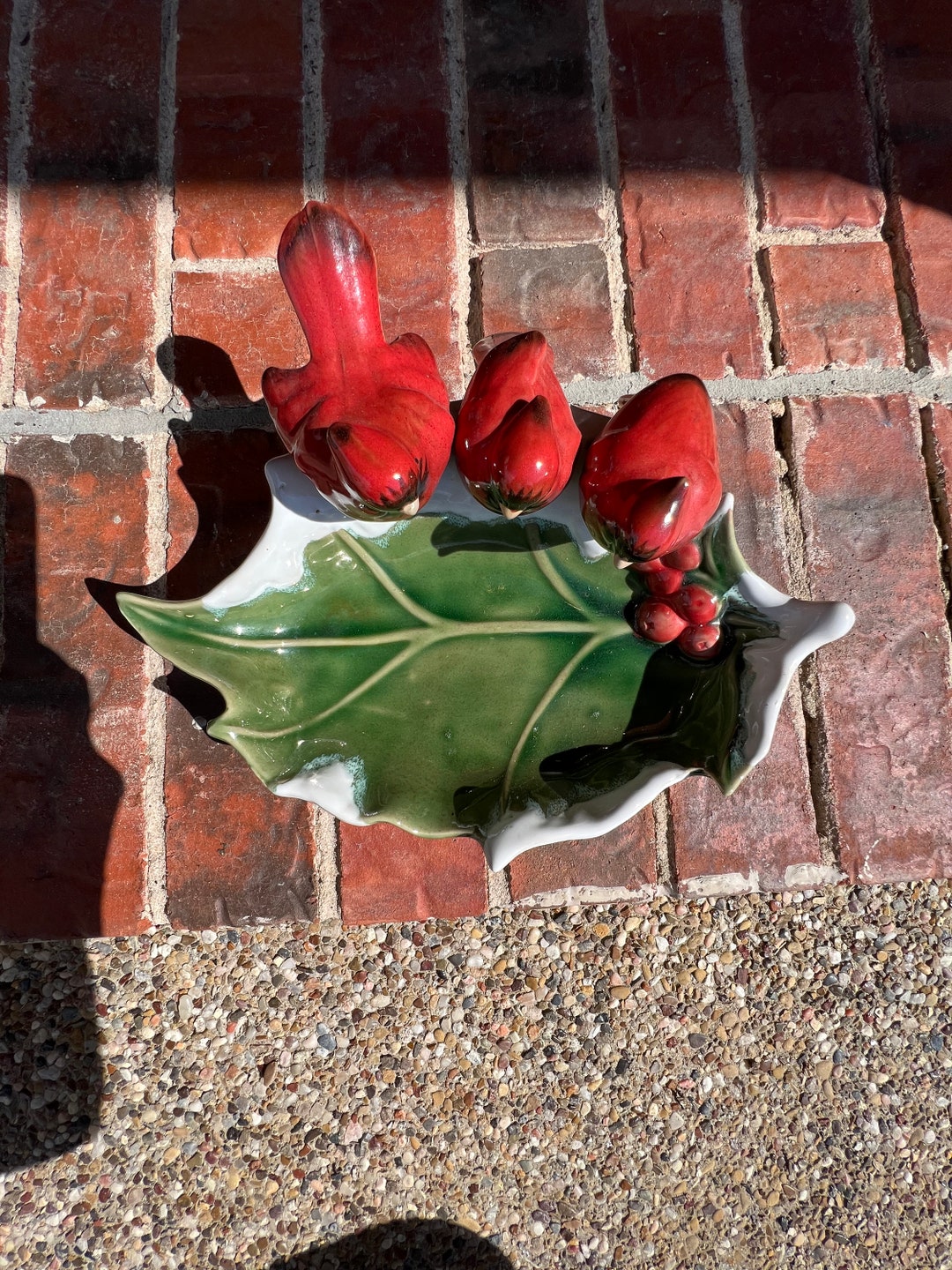 Vintage Christmas Red Cardinals, and Holly Leaf Candy Dish Trinket Tray ...