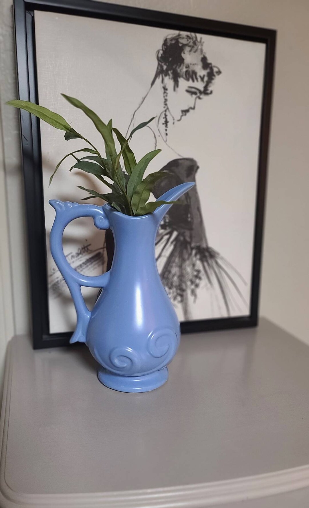 Vintage Rumrill Pottery Ornate Light Blue Tall Pitcher Vase Jug J25 ...