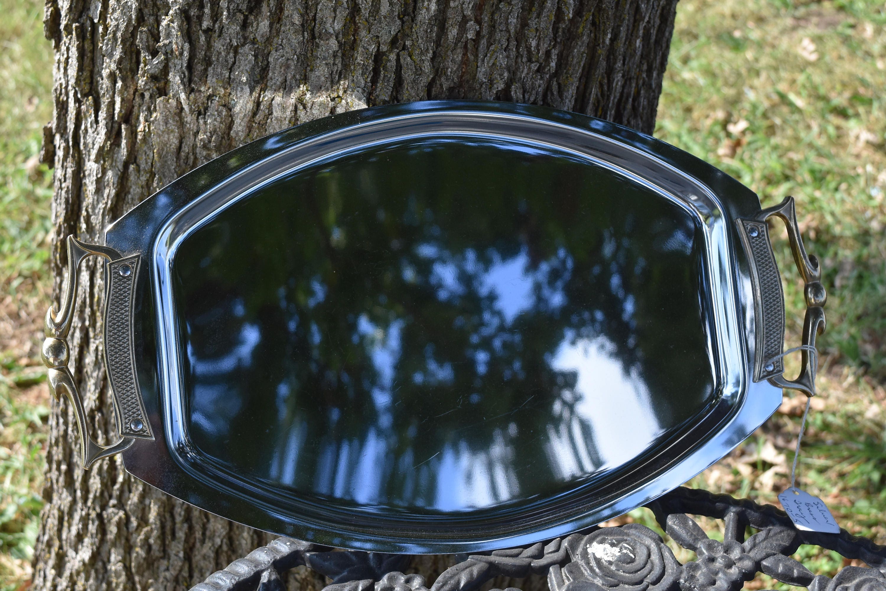 Kromex Silver Serving Tray With Brass Handles | Etsy