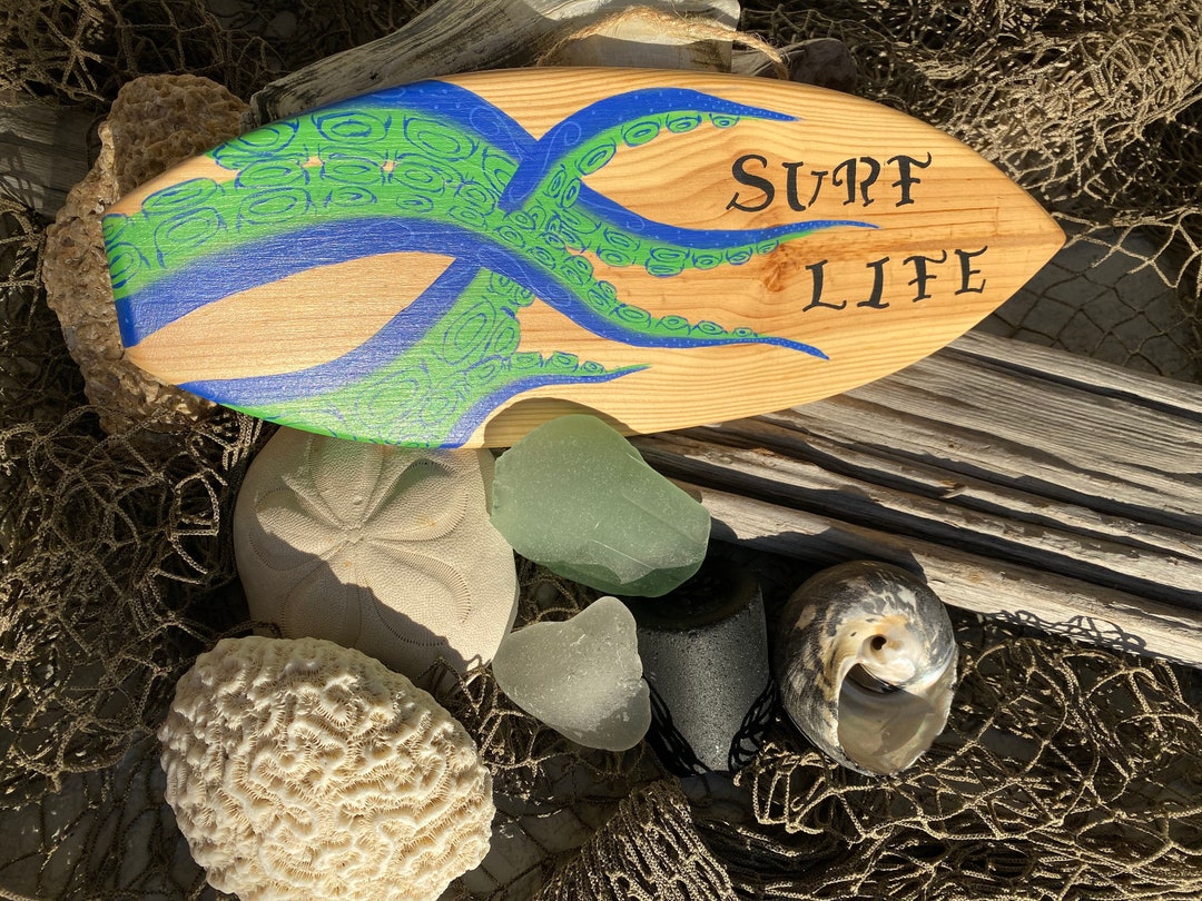 Hand Shaped Wood surf Life Surfboard With Hand Painted Blue and Green ...