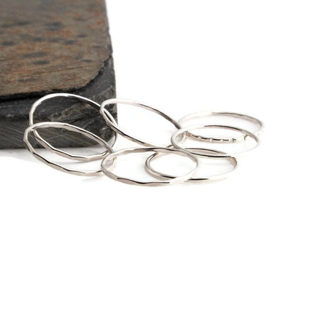 Set of Five Tiny Silver Ring, Silver Band, Stackable Ring, Hammered ...