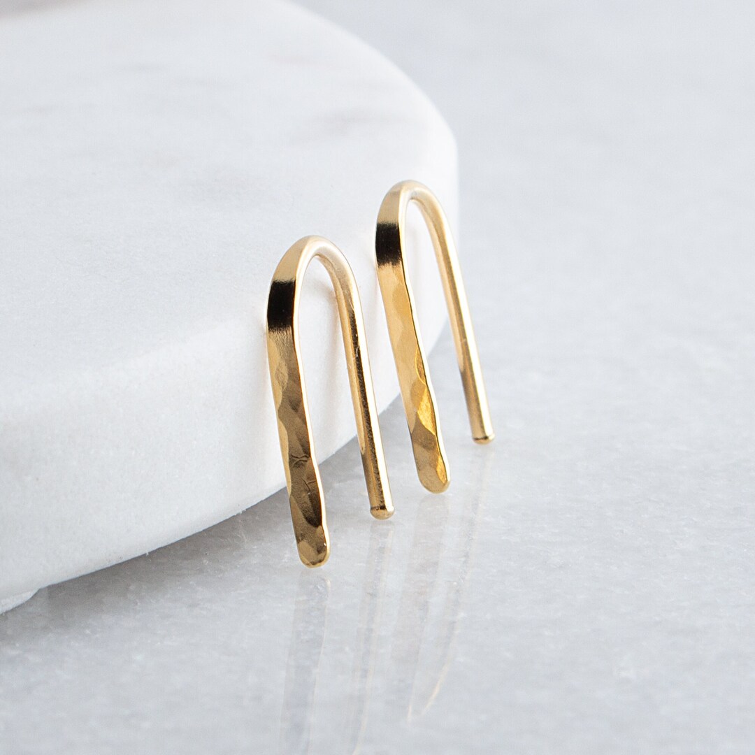 Gold Huggie Piercing Hoop Hammered Line Minimalist Horseshoe Arc ...