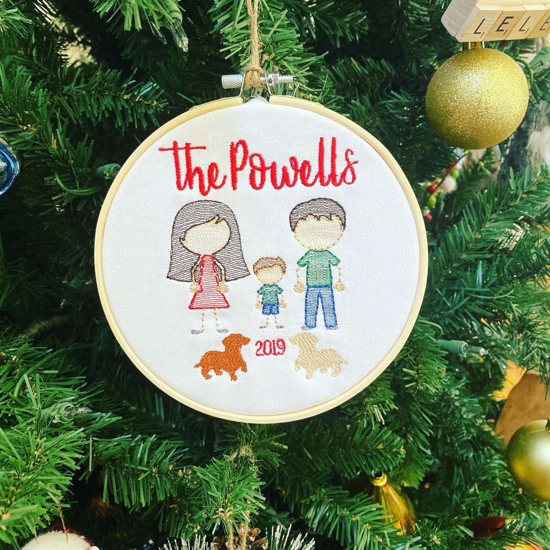 Personalized Family Embroidery Hoop Ornament, Pet Portrait Christmas ...