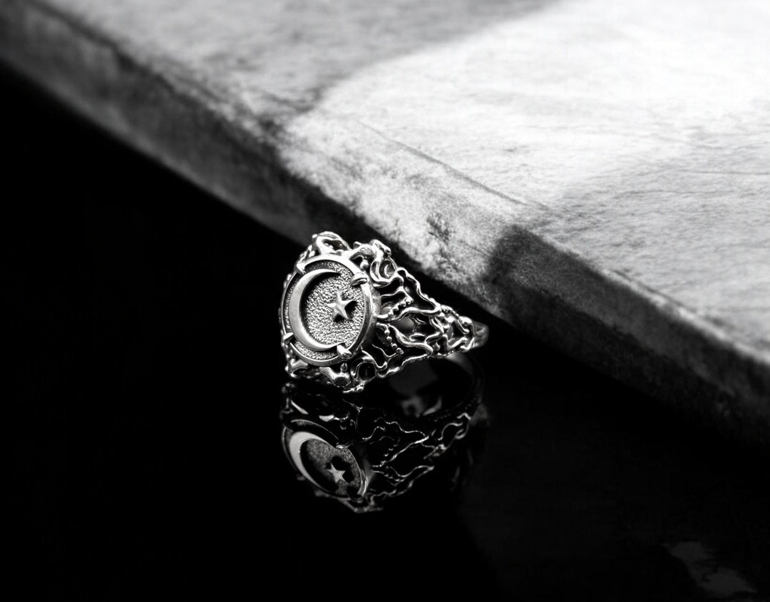 925 Sterling Silver Islam Symbol Star and Crescent Moon Ring for Women ...