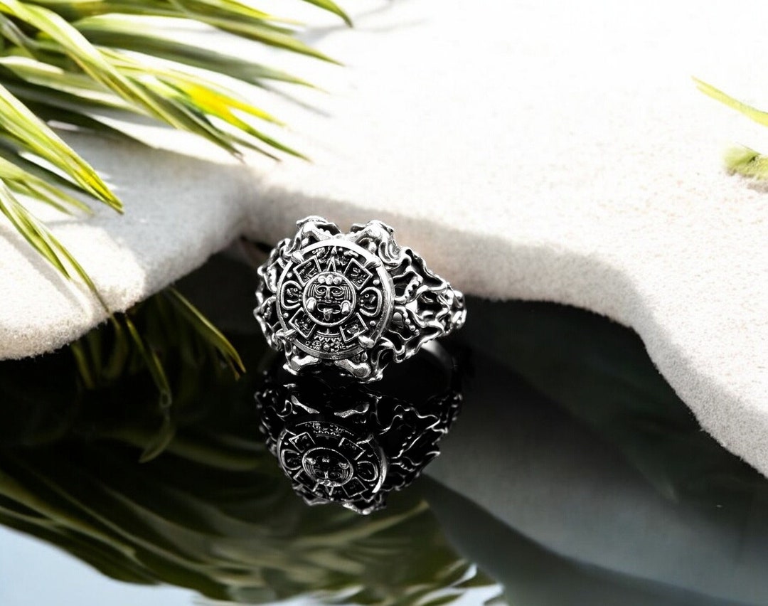925 Sterling Silver Aztec Calendar Mayan Ring for Women Ancient Mexican ...