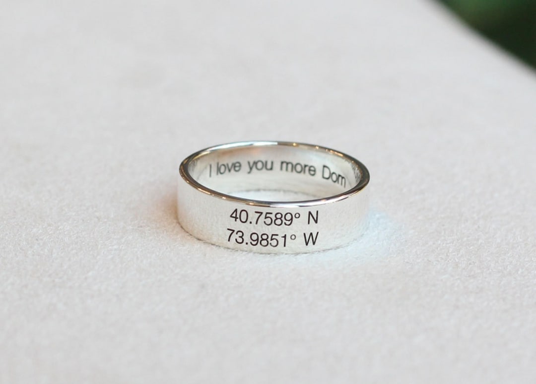 Engraved Latitude Longitude Ring: Personalized Sterling Silver Stacking ...