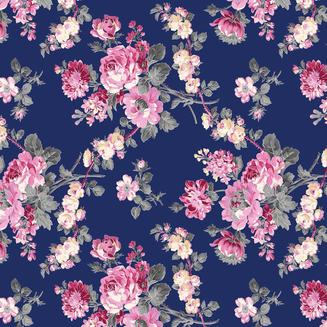 Metallic Rose Floral Cotton Fabric, Romantic Garden Bloom, Pink Roses ...