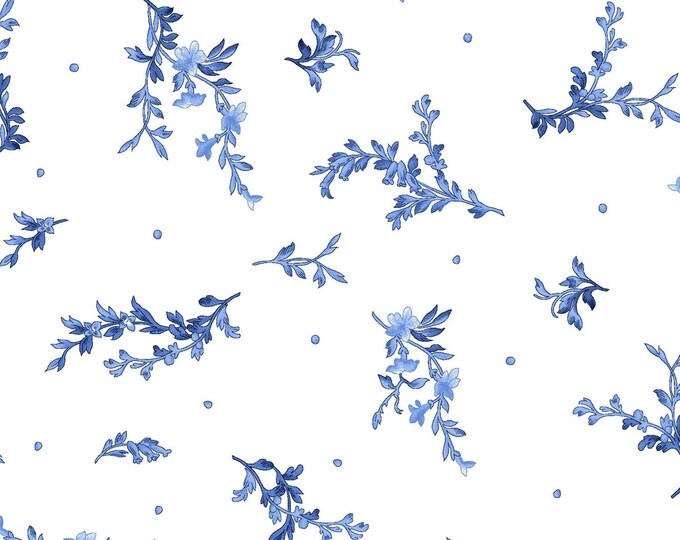 Blue Belle Cotton Fabric, Tossed Floral Sprigs on White Background - Etsy
