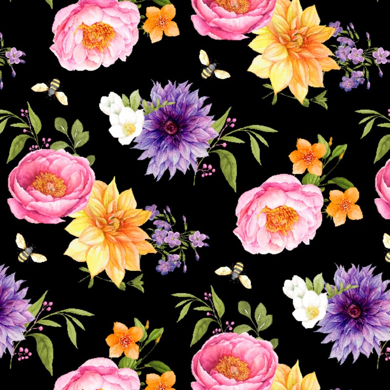 Black Floral Fabric - Etsy