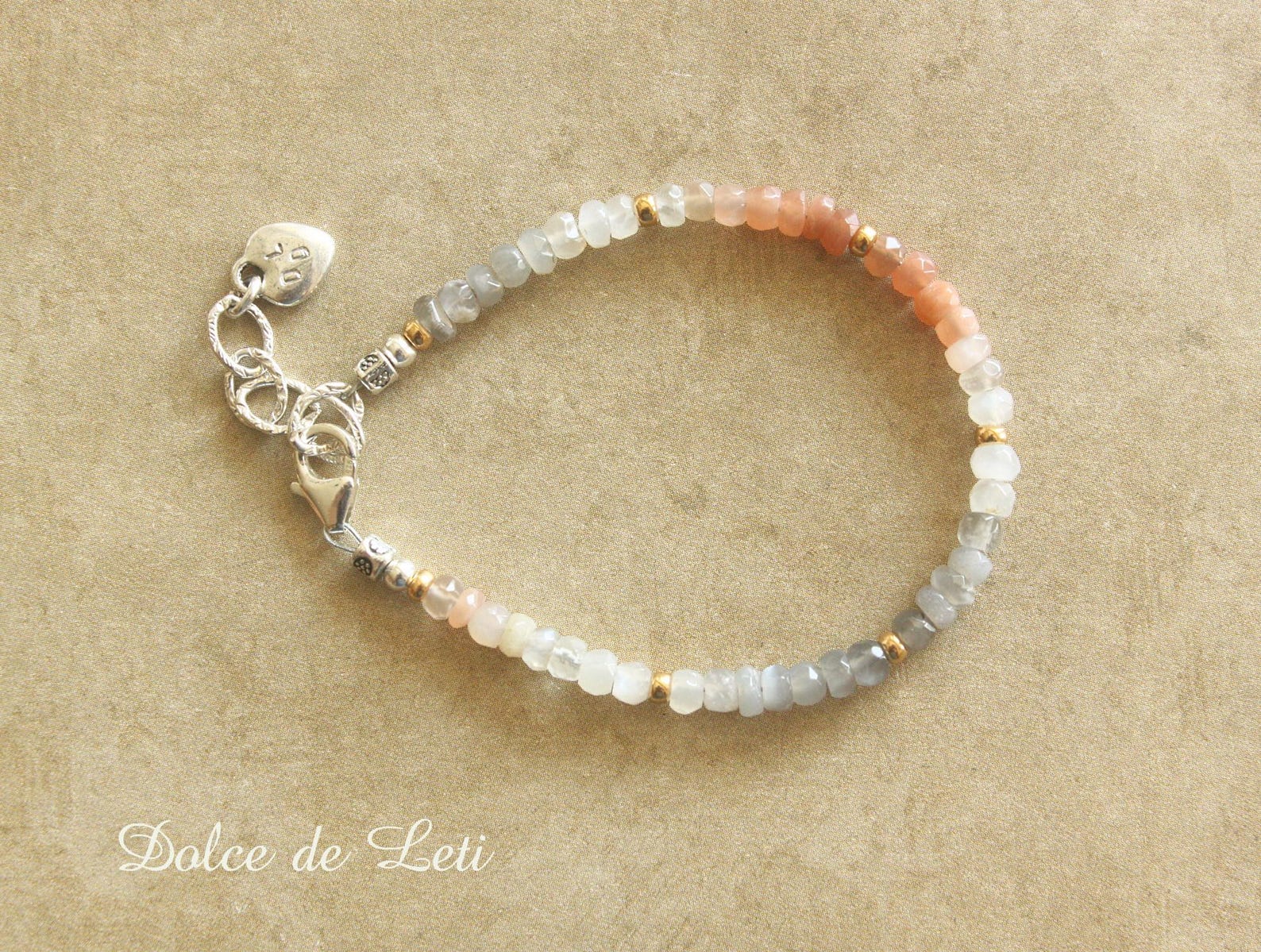 Peach and Grey Moonstone Artisan Bracelet. June Birthstone Gift for ...