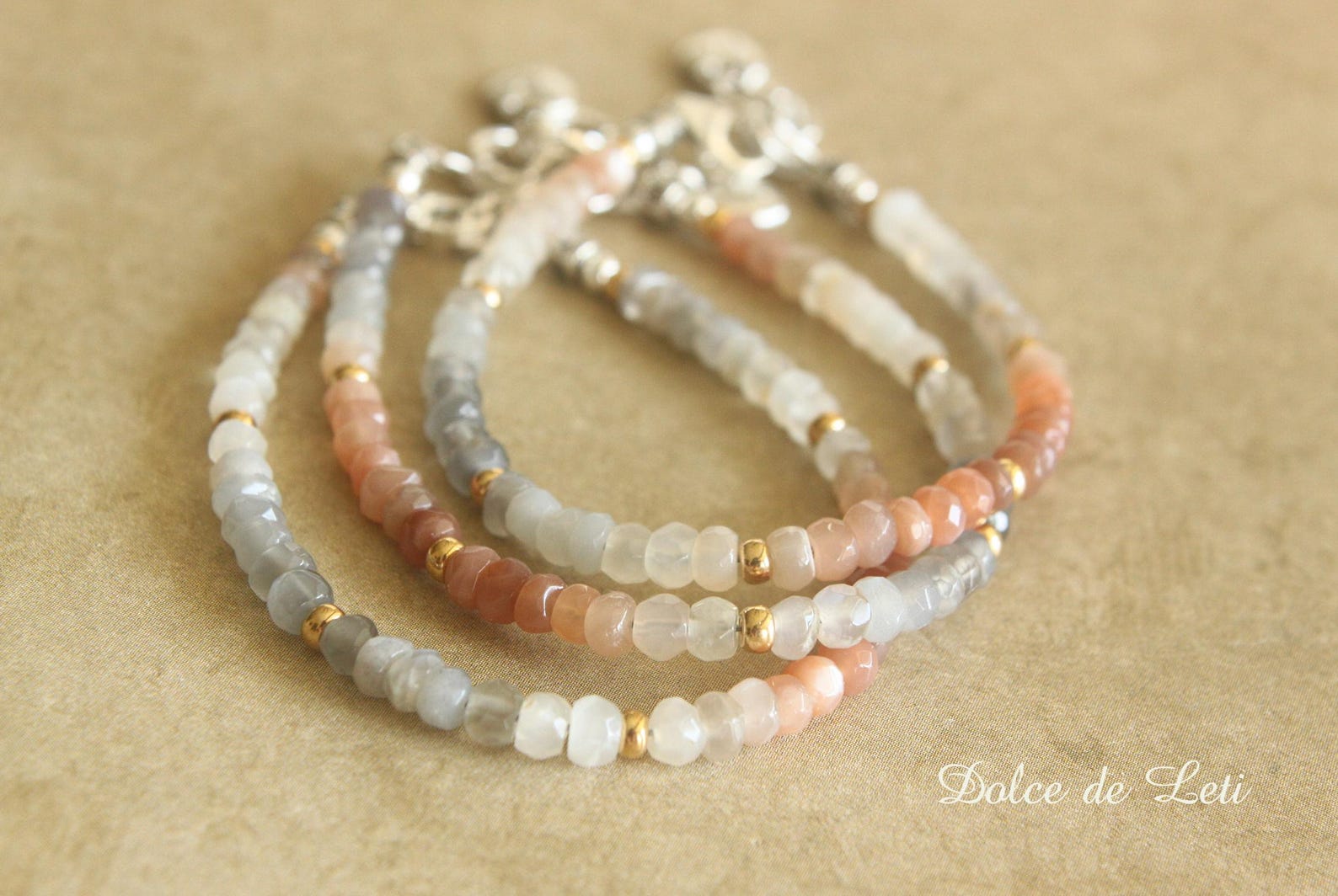Peach and Grey Moonstone Artisan Bracelet. June Birthstone Gift for ...