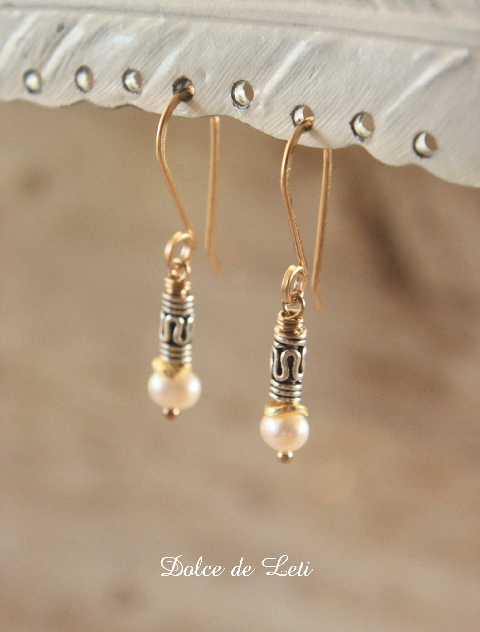 Small White Pearl Mix Metal Artisan Earrings. Pearl, Silver and Gold ...