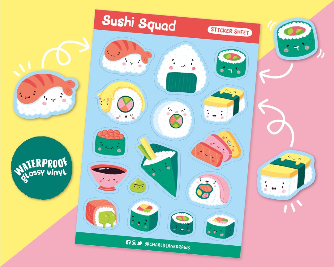 Sushi Squad, Vinyl, Sticker Sheet, A5, Waterproof, Durable, Hand ...