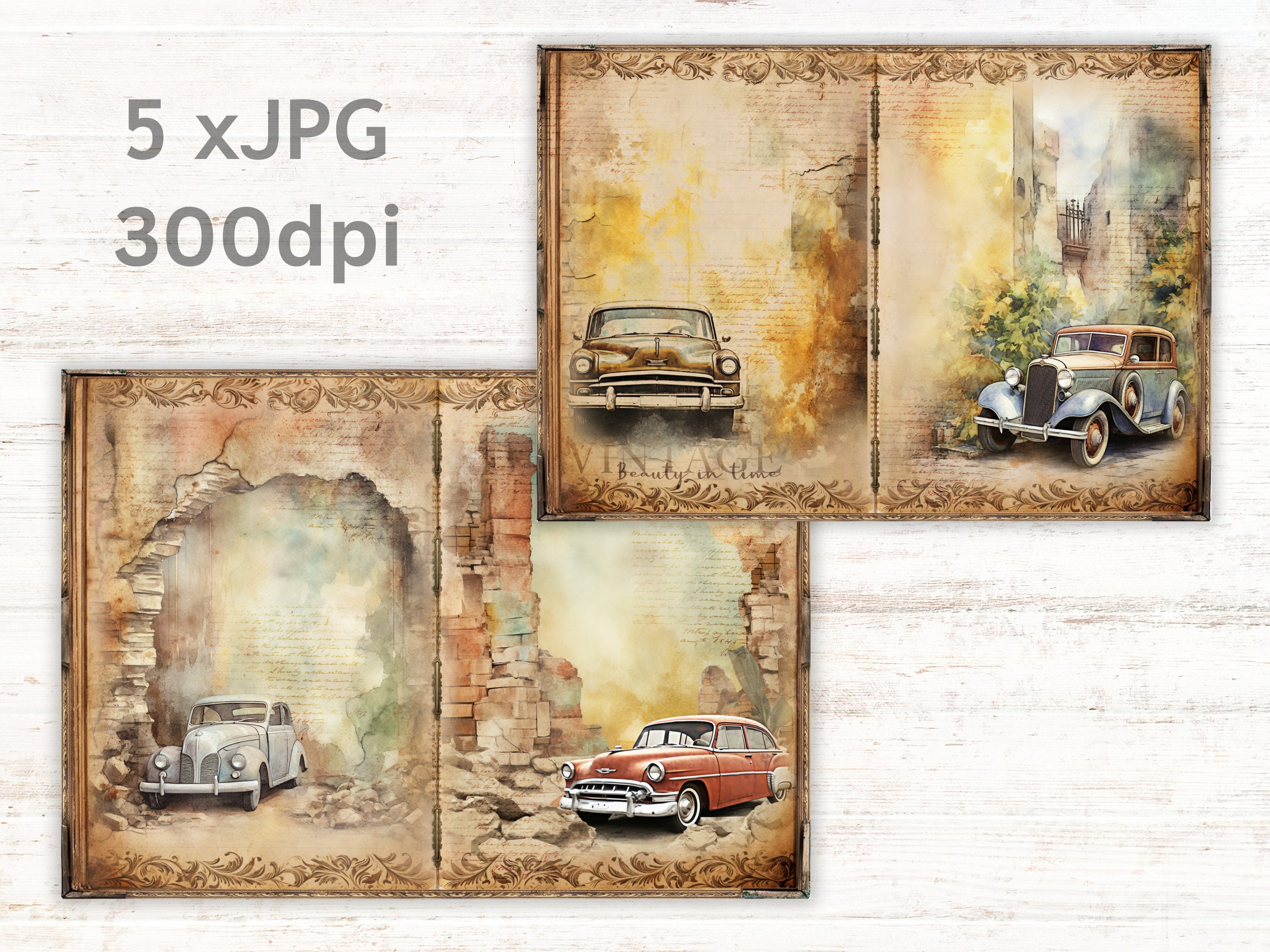 Vintage Cars Watercolor Junk Journal Pages,printable Grunge Collage ...