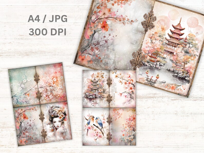 Geisha Japanese Journal Page, Printable Shabby Flower Collage Papers ...