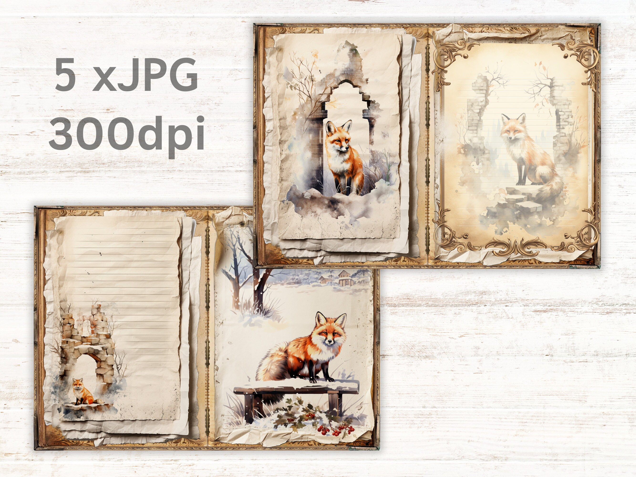 Fox Watercolor Floral Junk Journal Pages,printable Shabby Winter ...