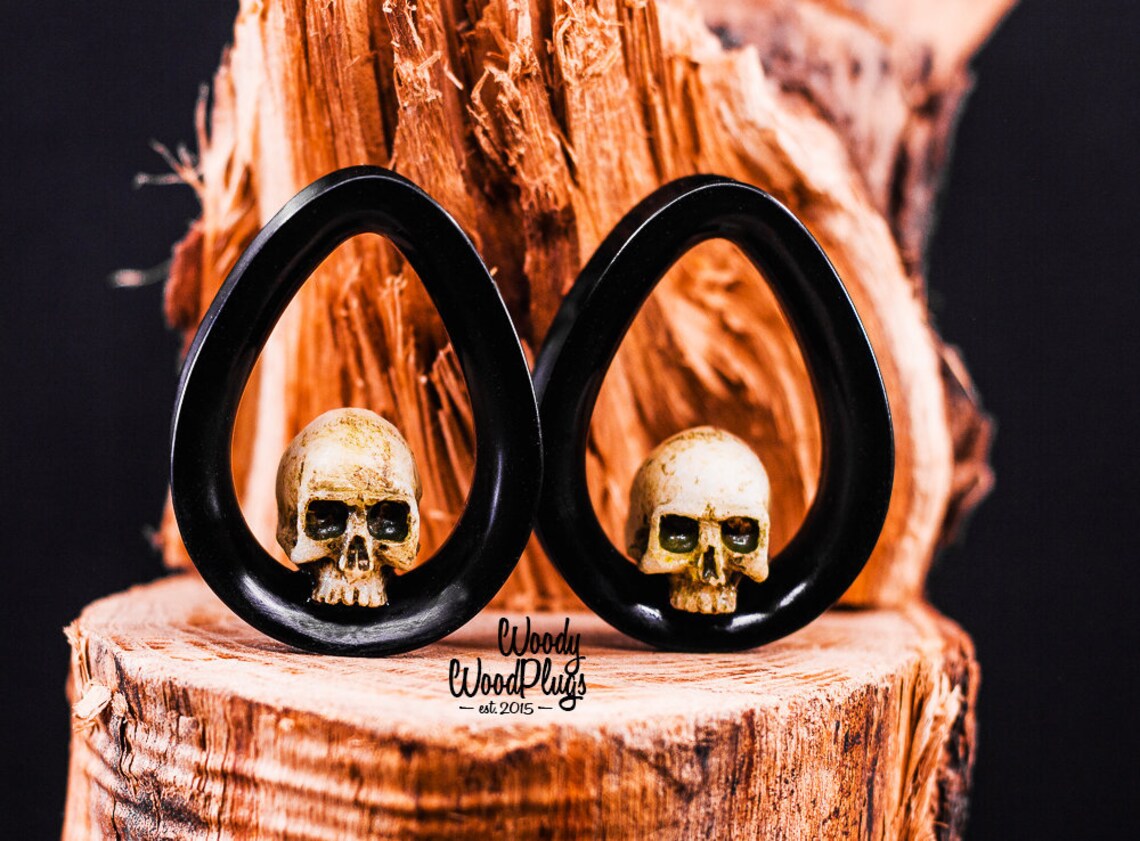 Black Ear Tunnels With Human Skull Ebonite Teardrop Tunnels - Etsy