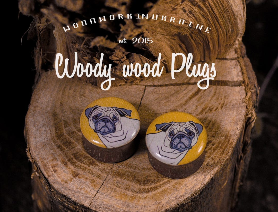 Cute Pugs Plugs / Wood Puppy Plugs / Pugs Ear Gauges / 00g Plugs/ 10mm ...