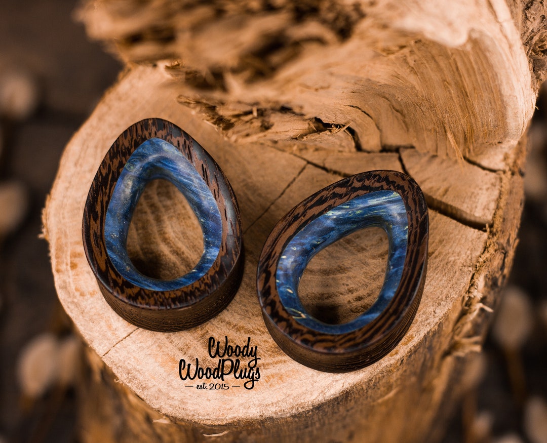 Wenge Teardrop Blue Ear Tunnels Wood Plugs With Blue Maple Inlay ...
