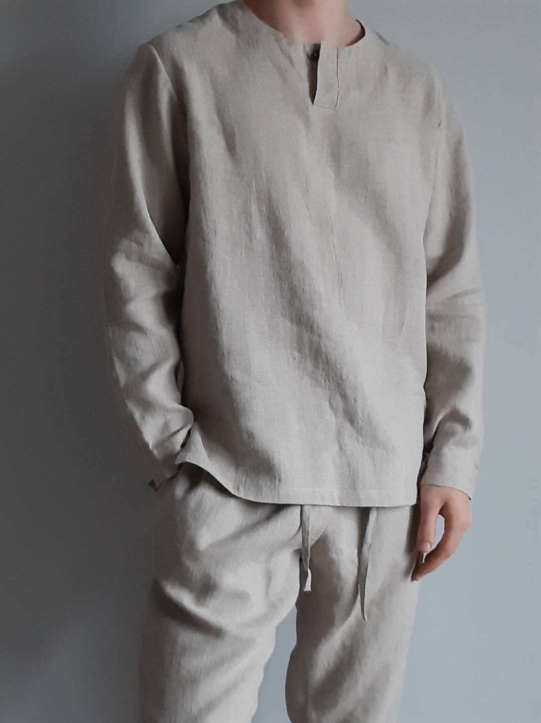 Men's Linen Henley Long Sleeve Casual Shirt. - Etsy