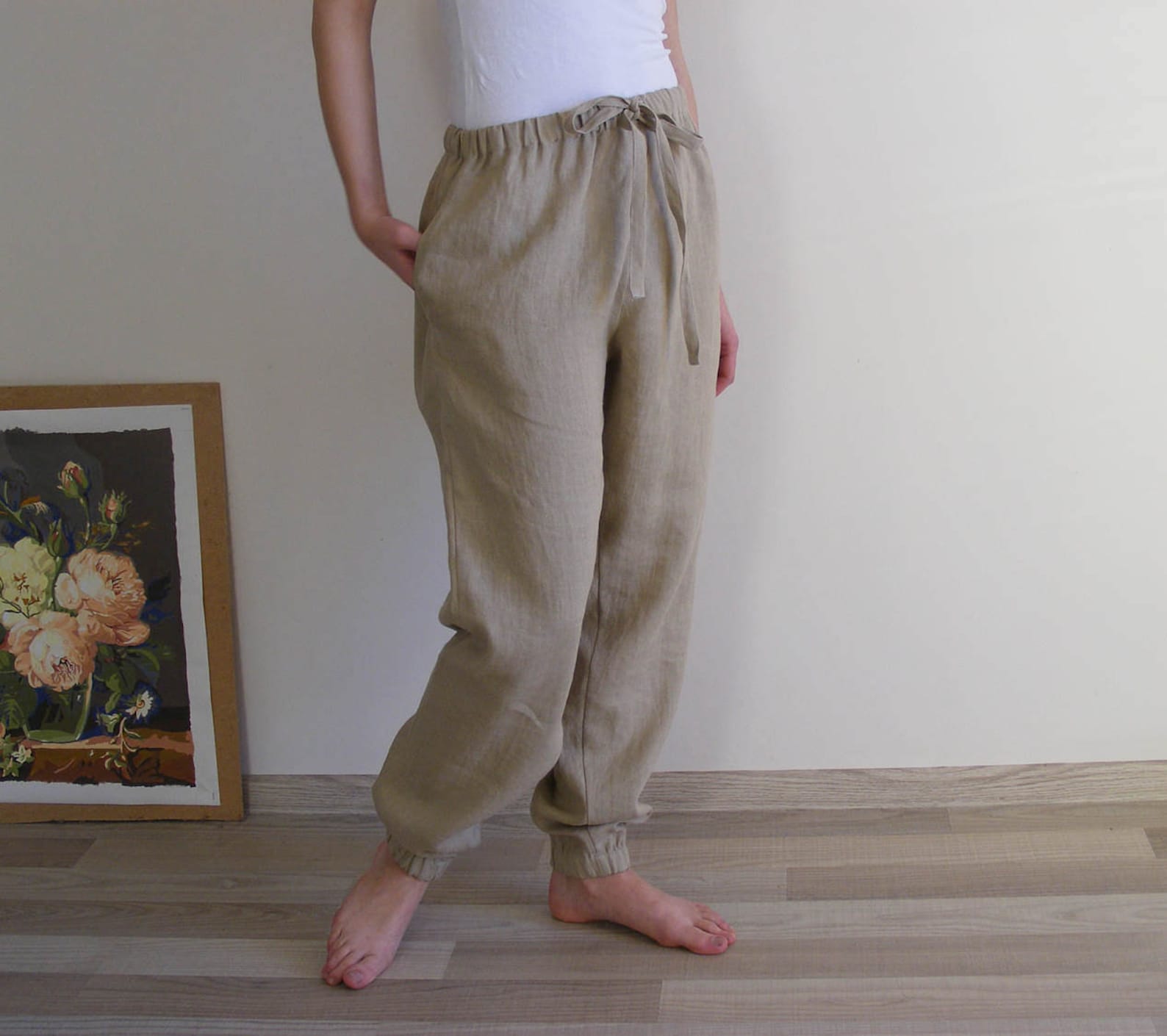 Women Linen Jogger Pants in Beige | Etsy