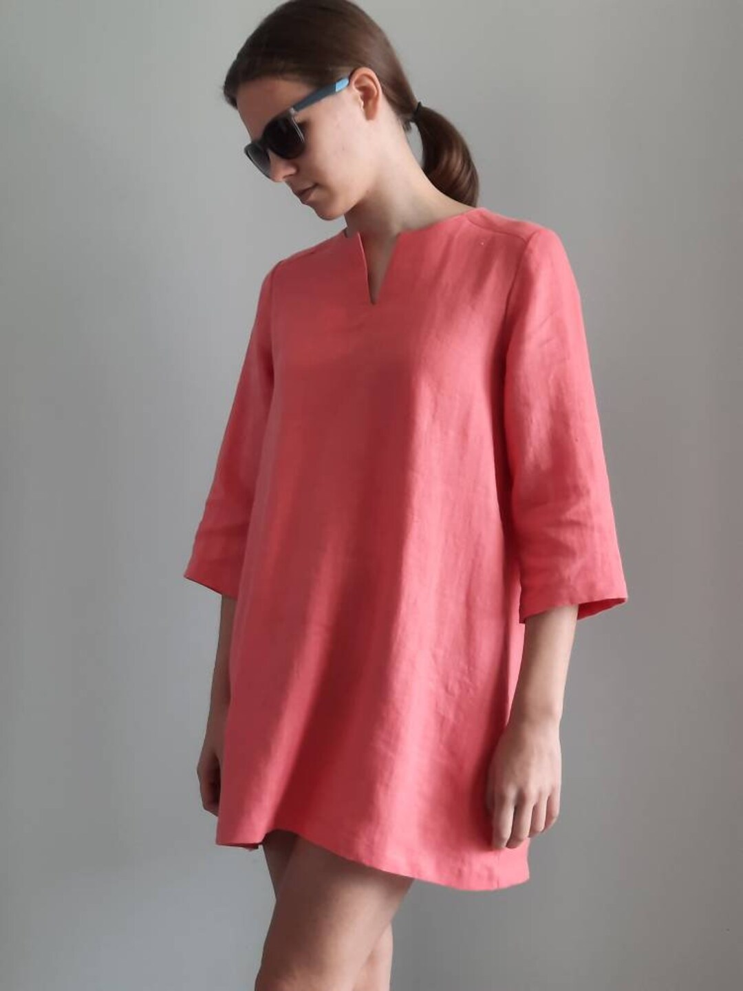 Coral Pink Linen Tunic With 3/4-length Sleeves - Etsy