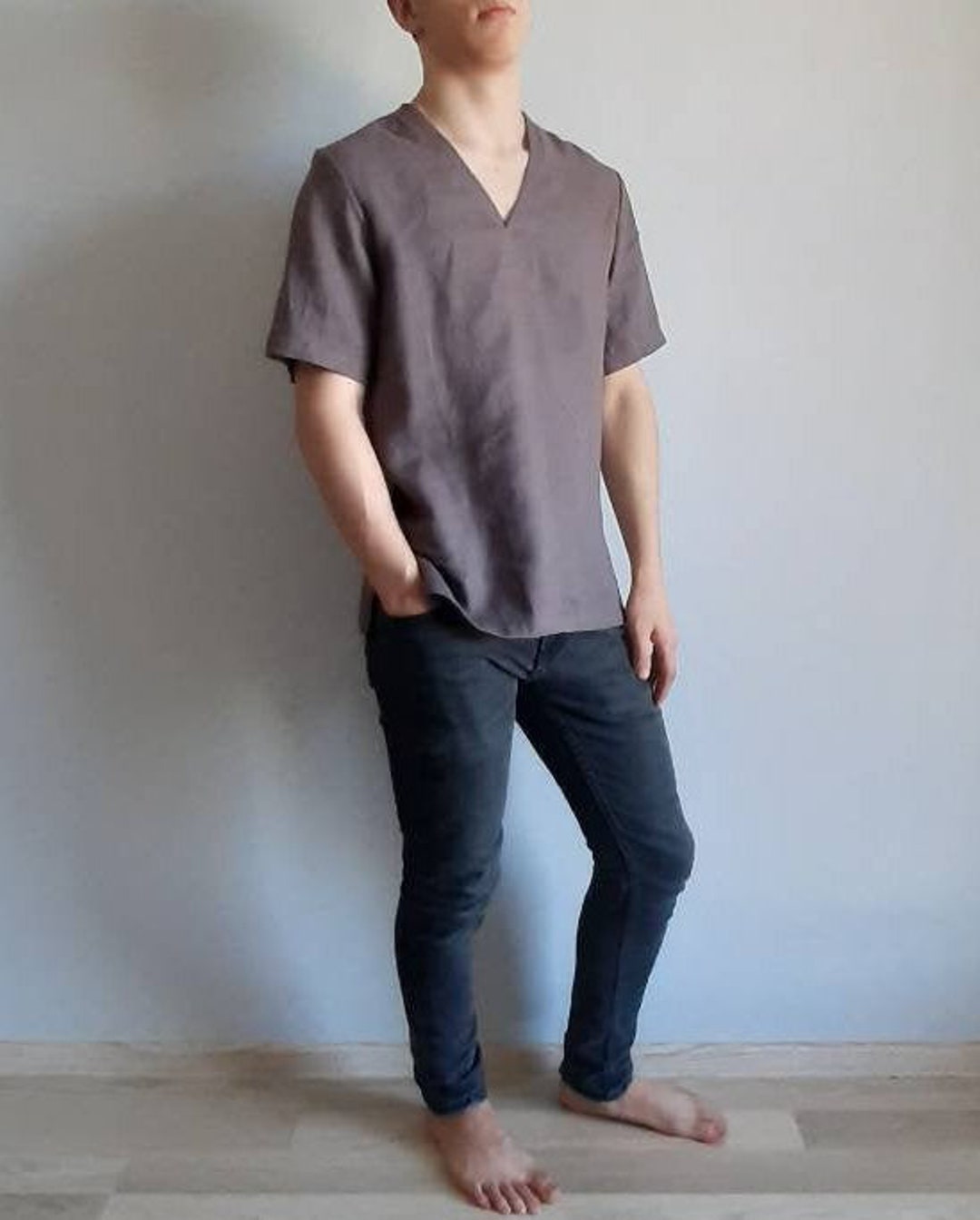 V Neck Style Casual Linen Shirt. Oversized Woven Linen T-shirt in Taupe ...