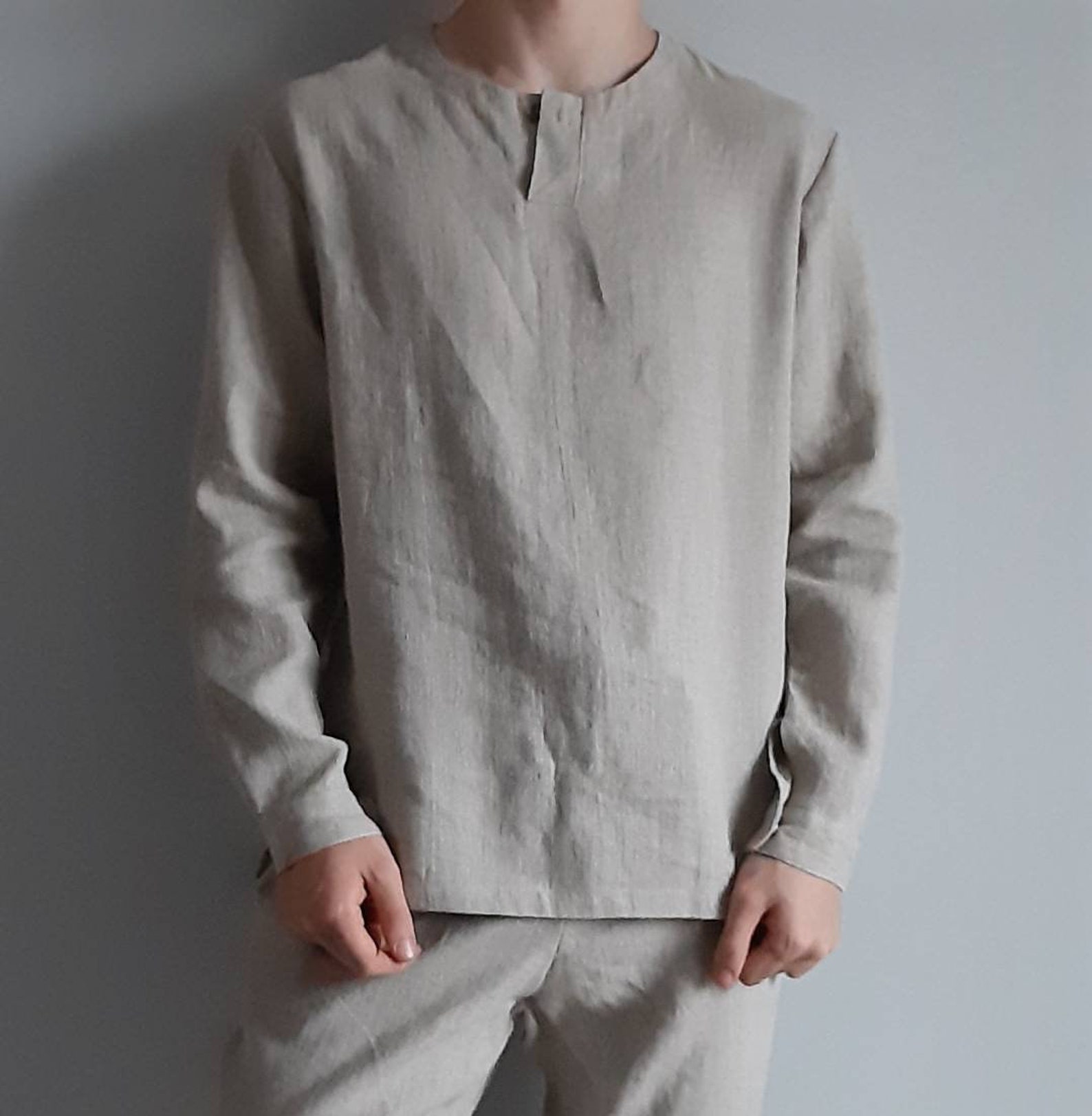 Men's Linen Henley Long Sleeve Casual Shirt. - Etsy
