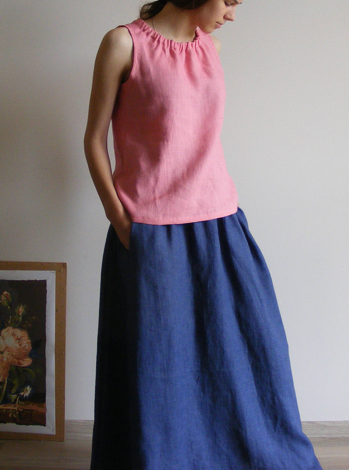 Linen Sleeveless Top in Vintage Coral With Gathered Neckline - Etsy