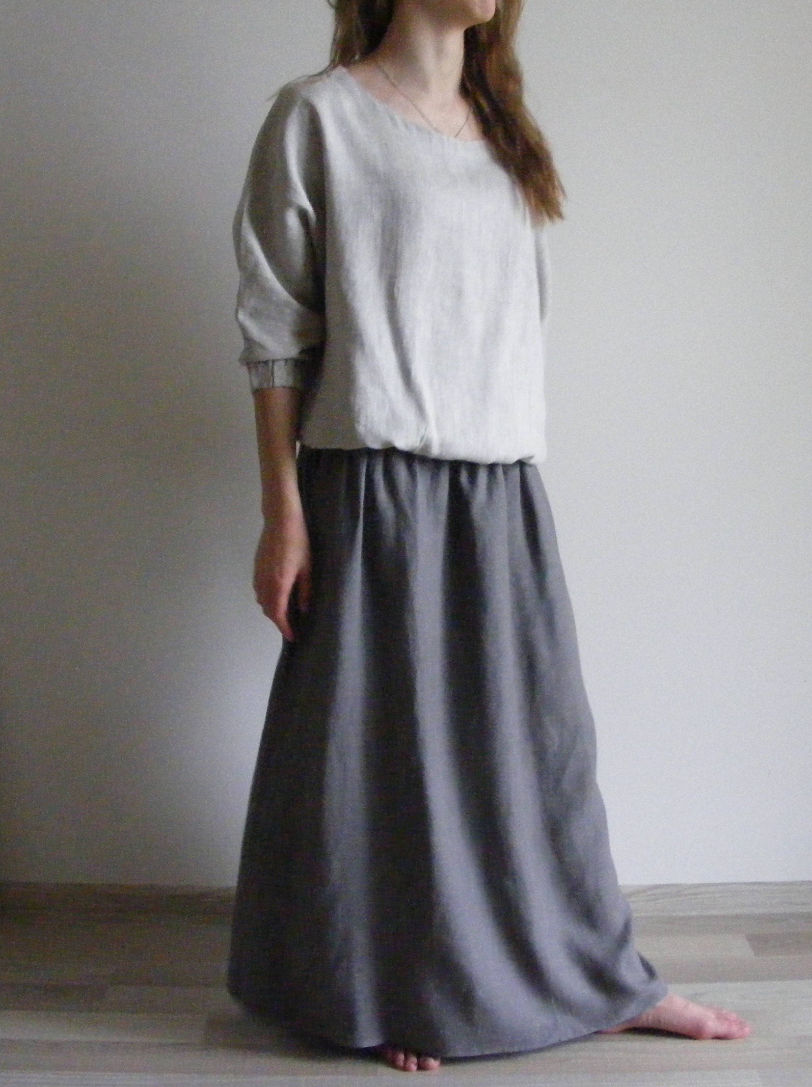 Long Linen Skirt With Side Pockets in Stone Gray/ Linen Maxi | Etsy