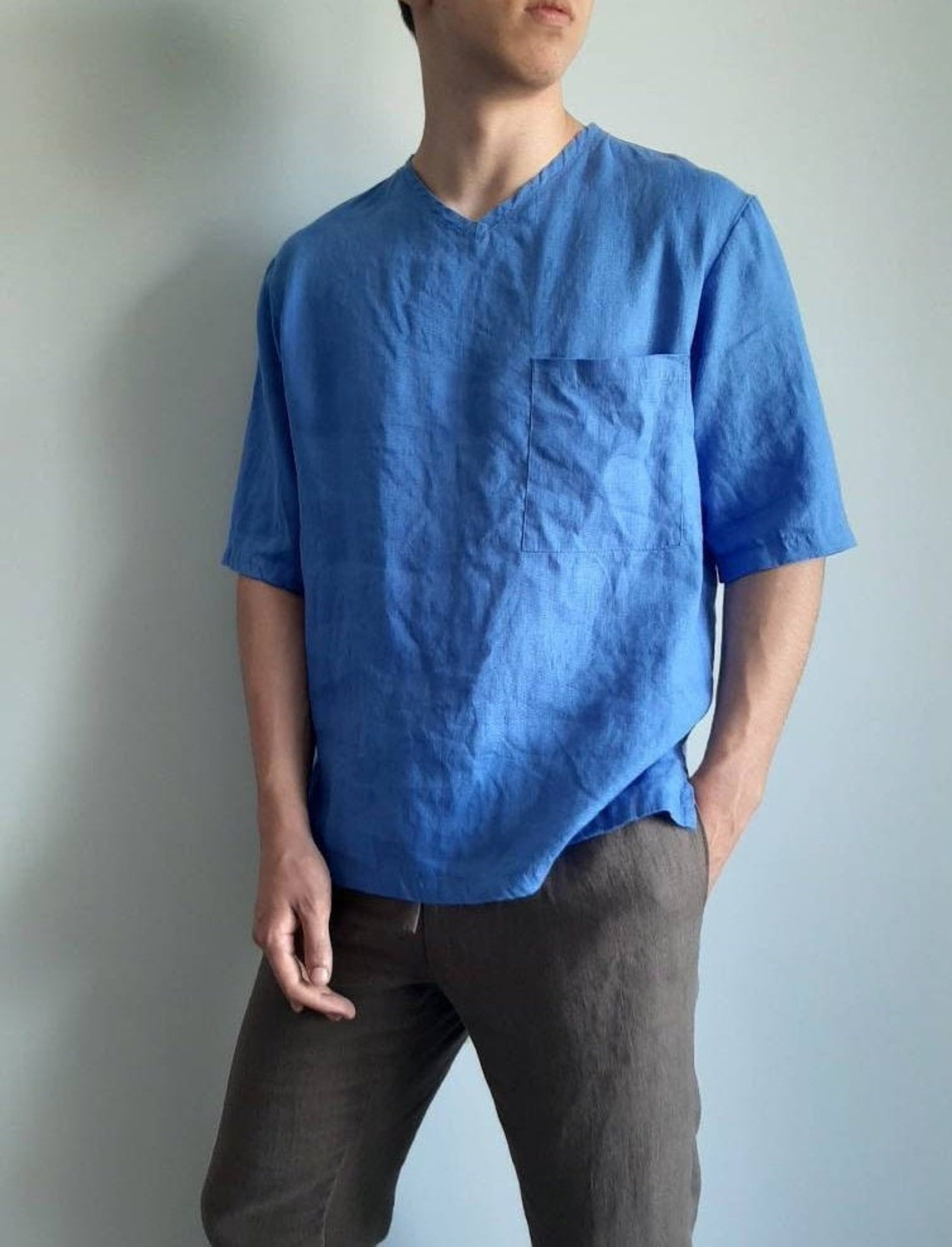 Casual Linen V-neck T-shirt. Oversized Woven Linen Half-sleeve - Etsy