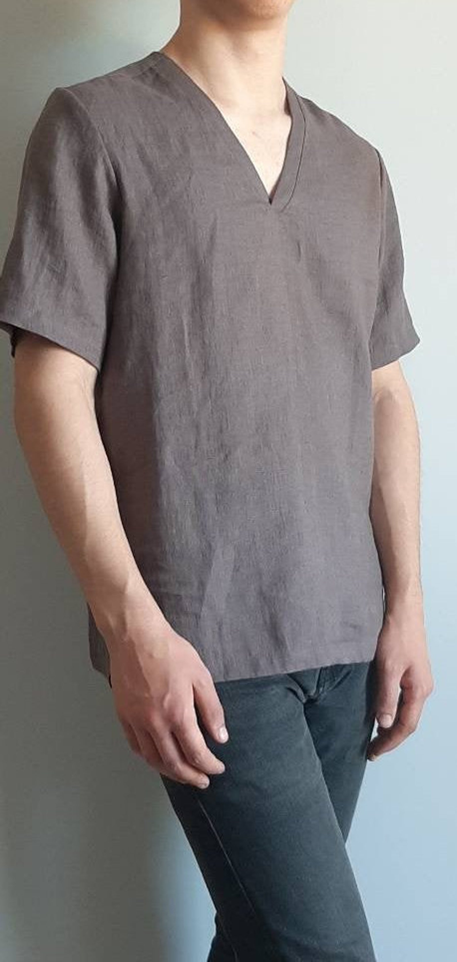 V Neck Style Casual Linen Shirt. Oversized Woven Linen T-shirt in Taupe ...