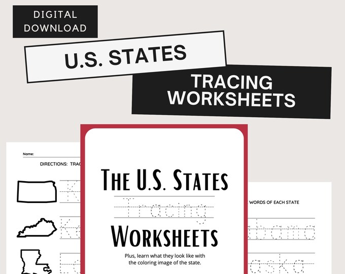 U.S. States Tracing Worksheet, Handwriting Practice Digital Download W ...