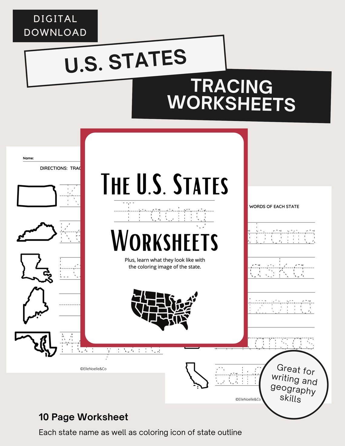 U.S. States Tracing Worksheet, Handwriting Practice Digital Download W ...