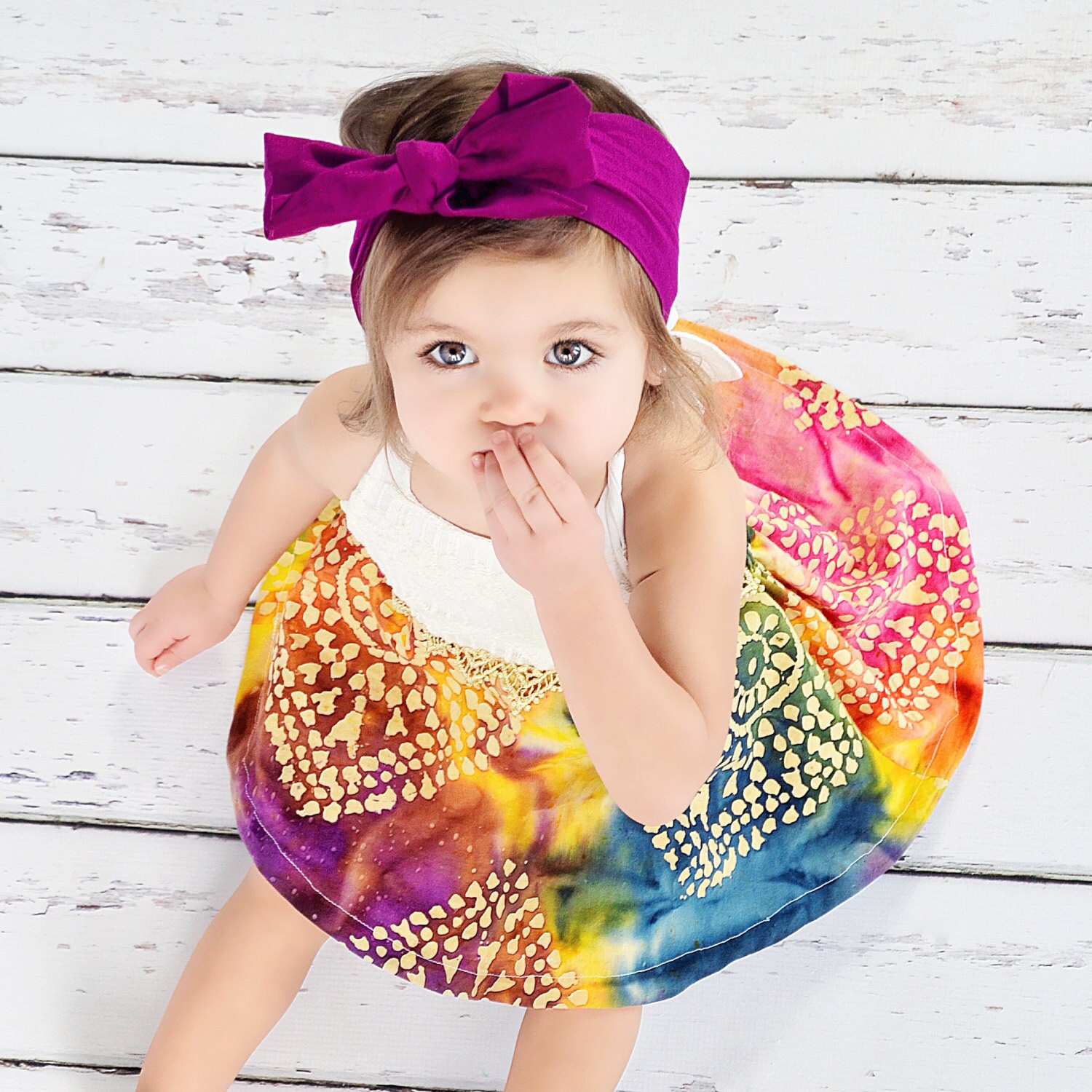 Designer Girls Multi Color Tie-dye Boho Dress With Lace Top and Gold ...