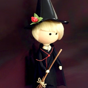 Witch Doll for Halloween Decor in Black Dress and Witch Hat Handmade ...